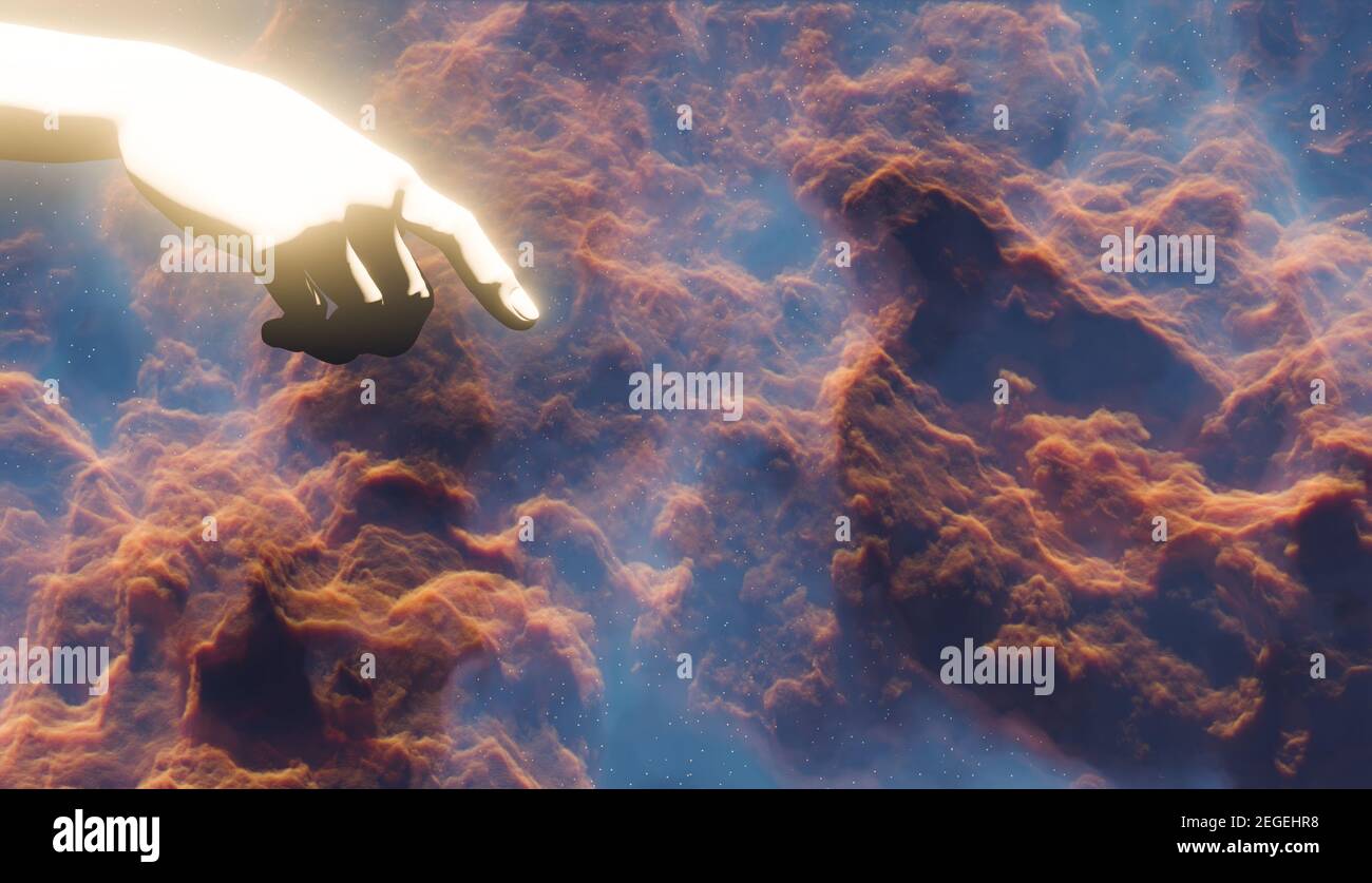 blue and red nebula background with hand pointing to the center. 3d ...