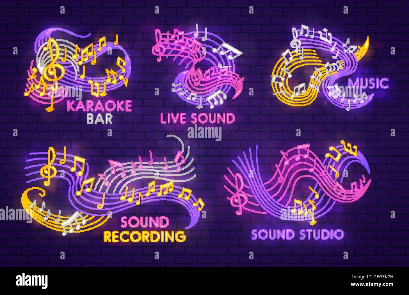 Music note neon light sign for karaoke bar, sound recording studio or ...