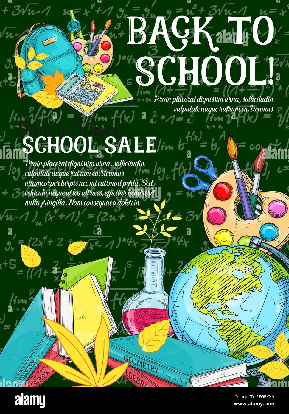 Sale banner with school supplies on chalkboard. Book, paint palette and ...
