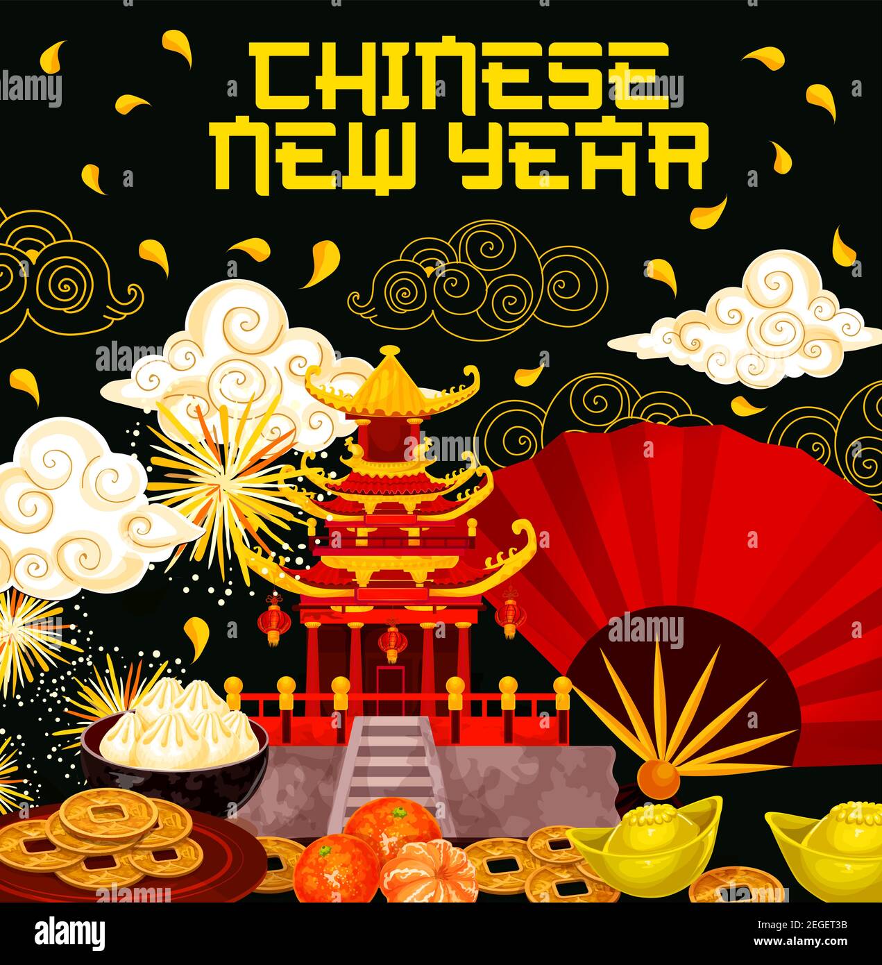 Chinese New Year greeting card of golden clouds pattern and fireworks ...