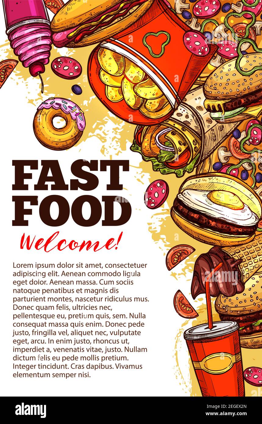 Fast food restaurant welcome banner with takeaway burger, drink and ...