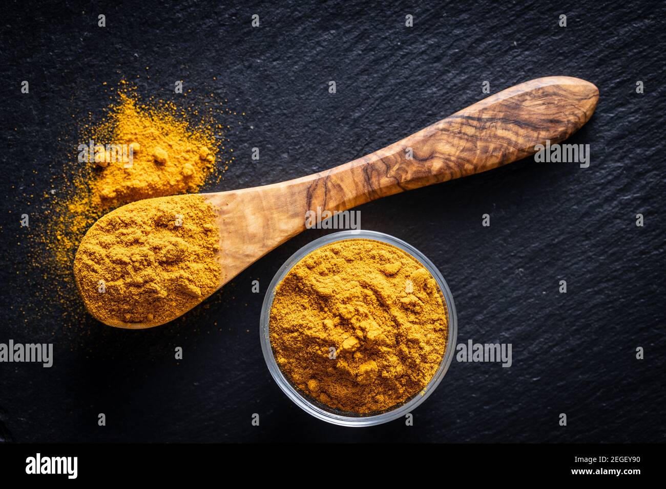 Indian turmeric powder. Turmeric spice. Ground turmeric in wooden spoon ...