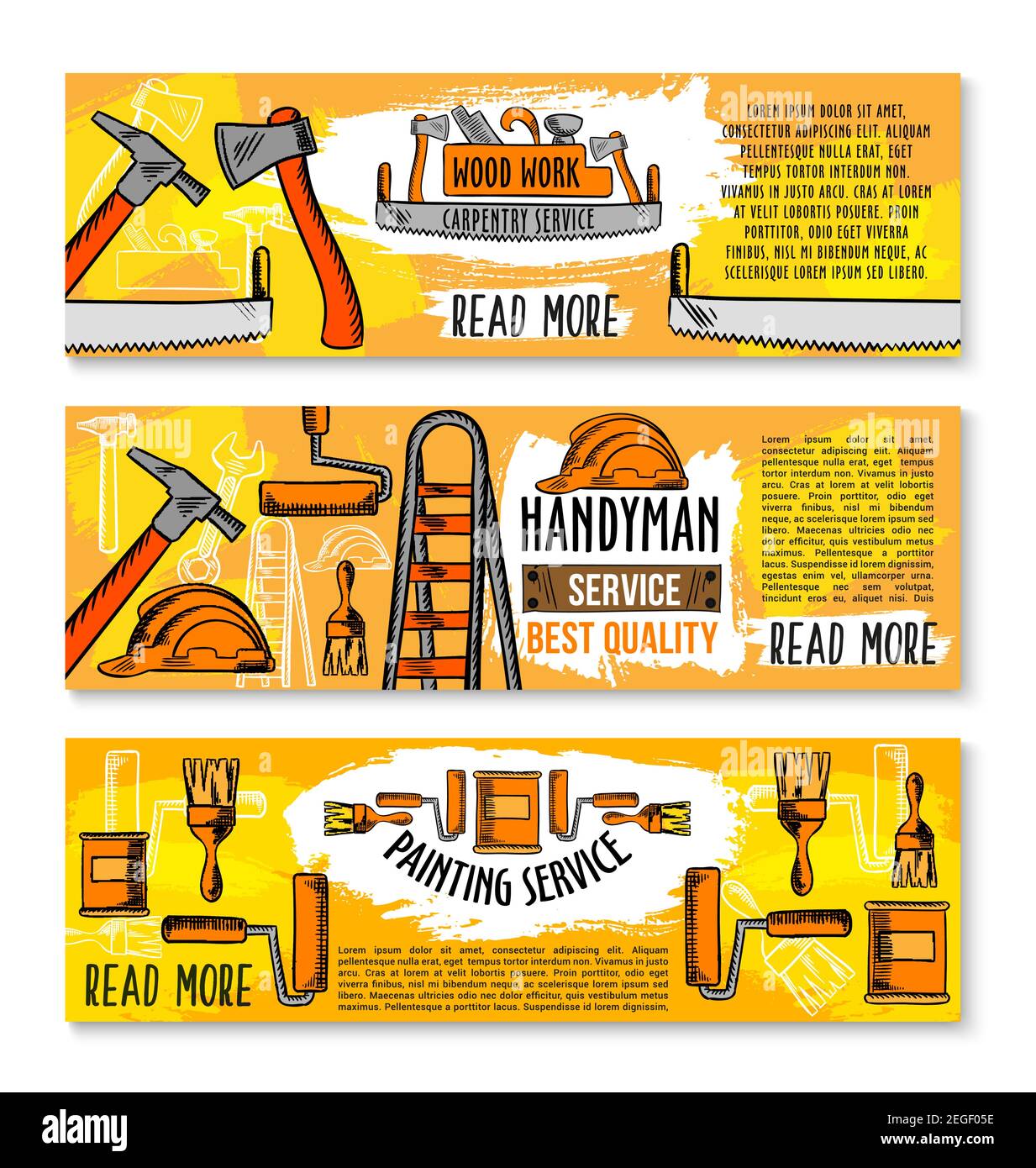 Home renovation, carpentry service and woodwork work tools banners ...