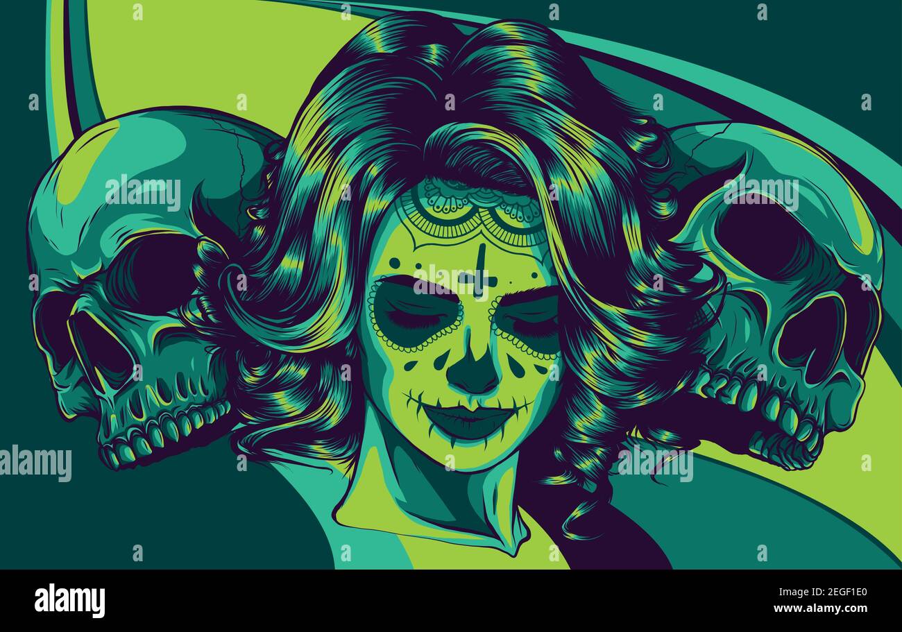 Sugar skull girl face with two human skull Stock Vector Image & Art - Alamy