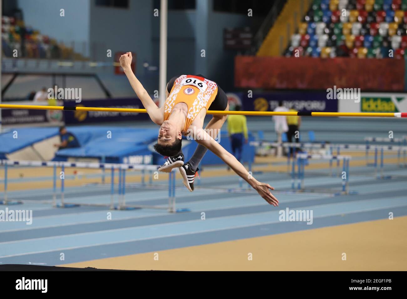 ISTANBUL, TURKEY - FEBRUARY 06, 2021: Undefined athlete high jumping ...