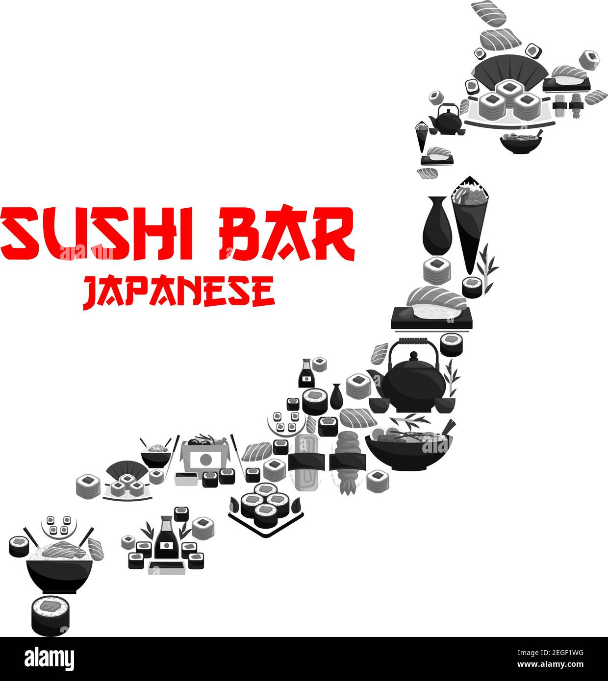 Japanese food in map of Japan with seafood sushi. Salmon roll, fish ...