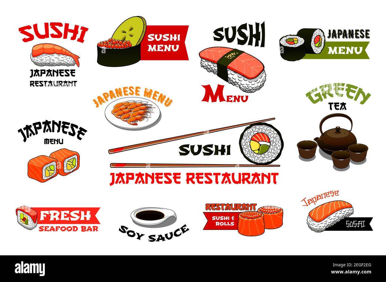 Sushi icons for Japanese restaurant menu. Vector set sushi roll ...