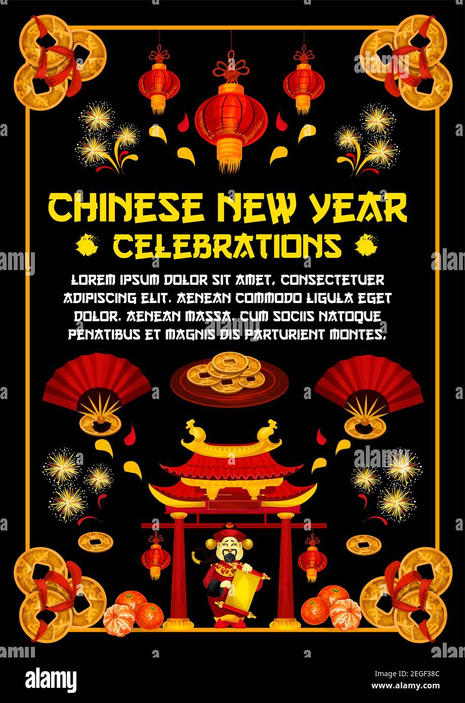 Chinese Lunar New Year greeting banner with Spring Festival temple. Oriental lantern, god of ...