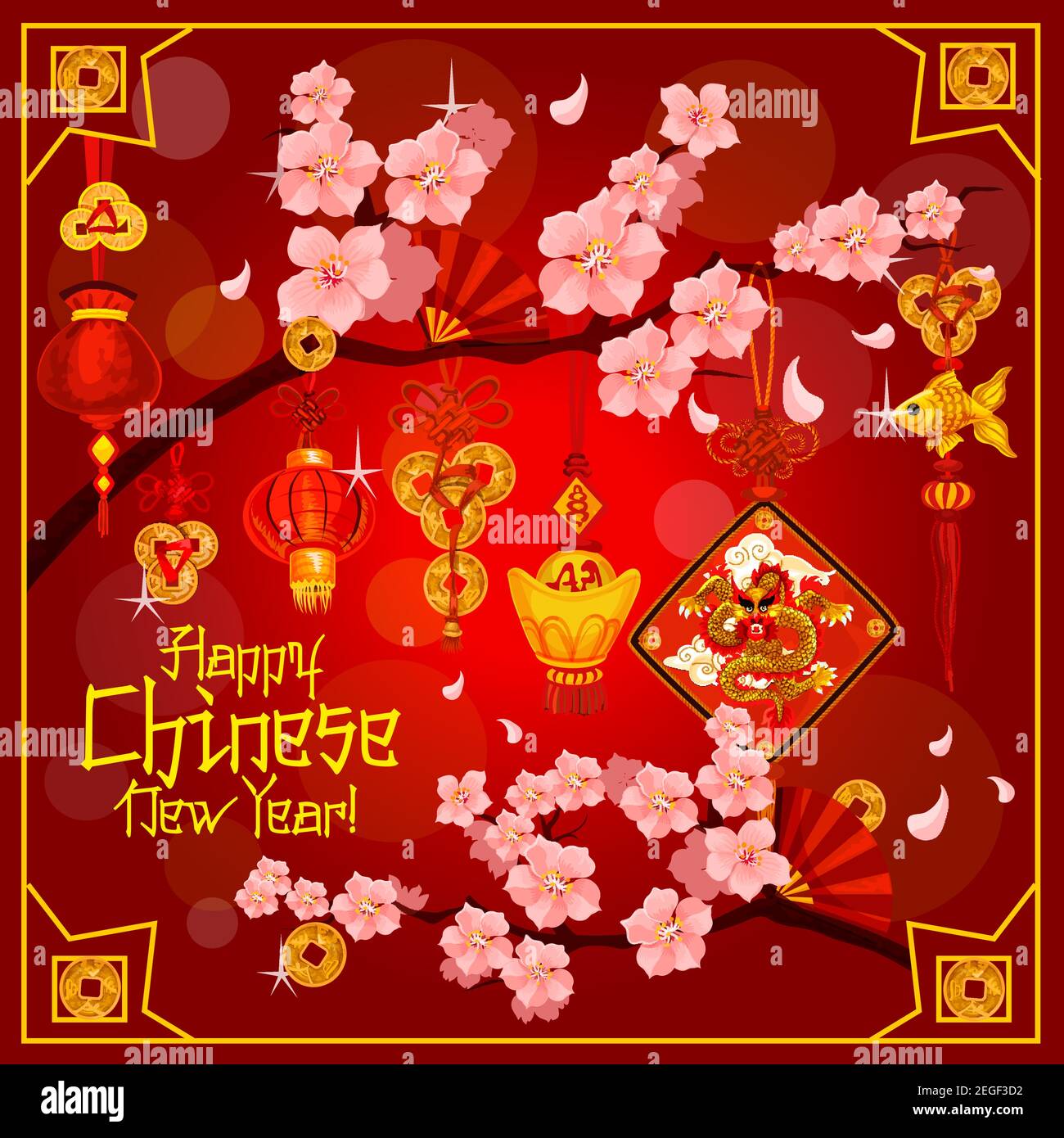 Chinese New Year greeting card of cherry blossom and golden traditional ...