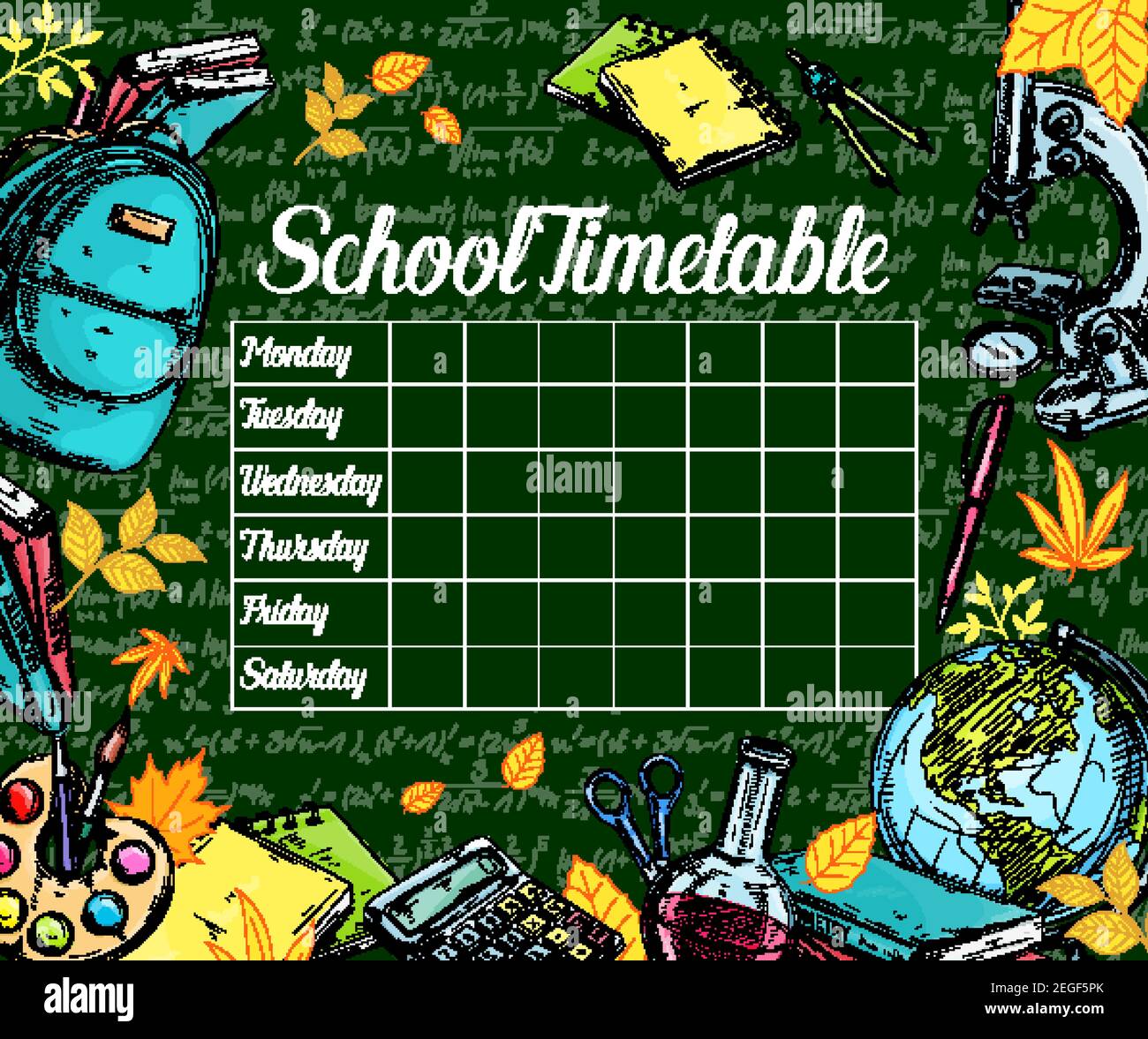 School timetable banner on green chalkboard with school supplies frame ...