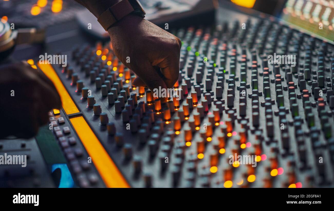 Close up Shot of Surface Control Desk EQ Mixer. Artist Works in the ...