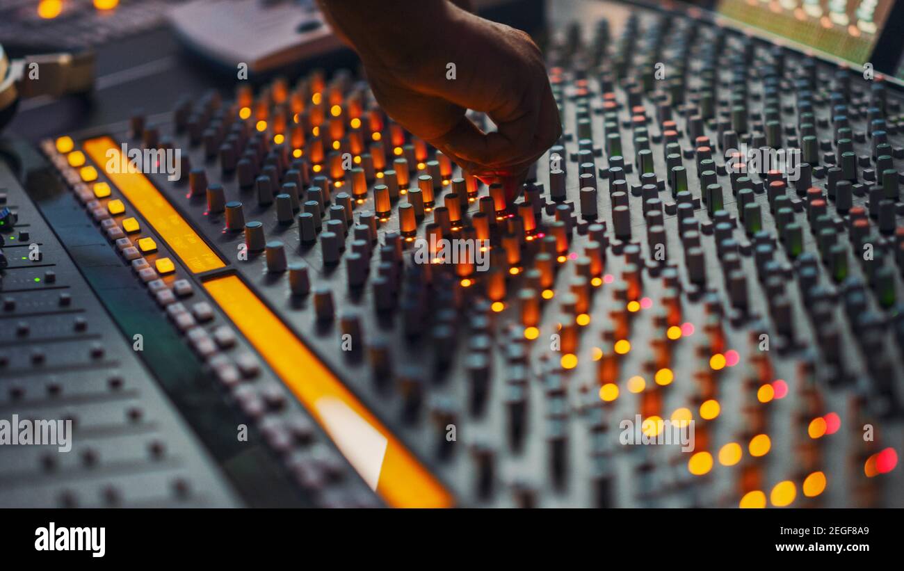 Close up Shot of Surface Control Desk EQ Mixer. Artist Works in the ...