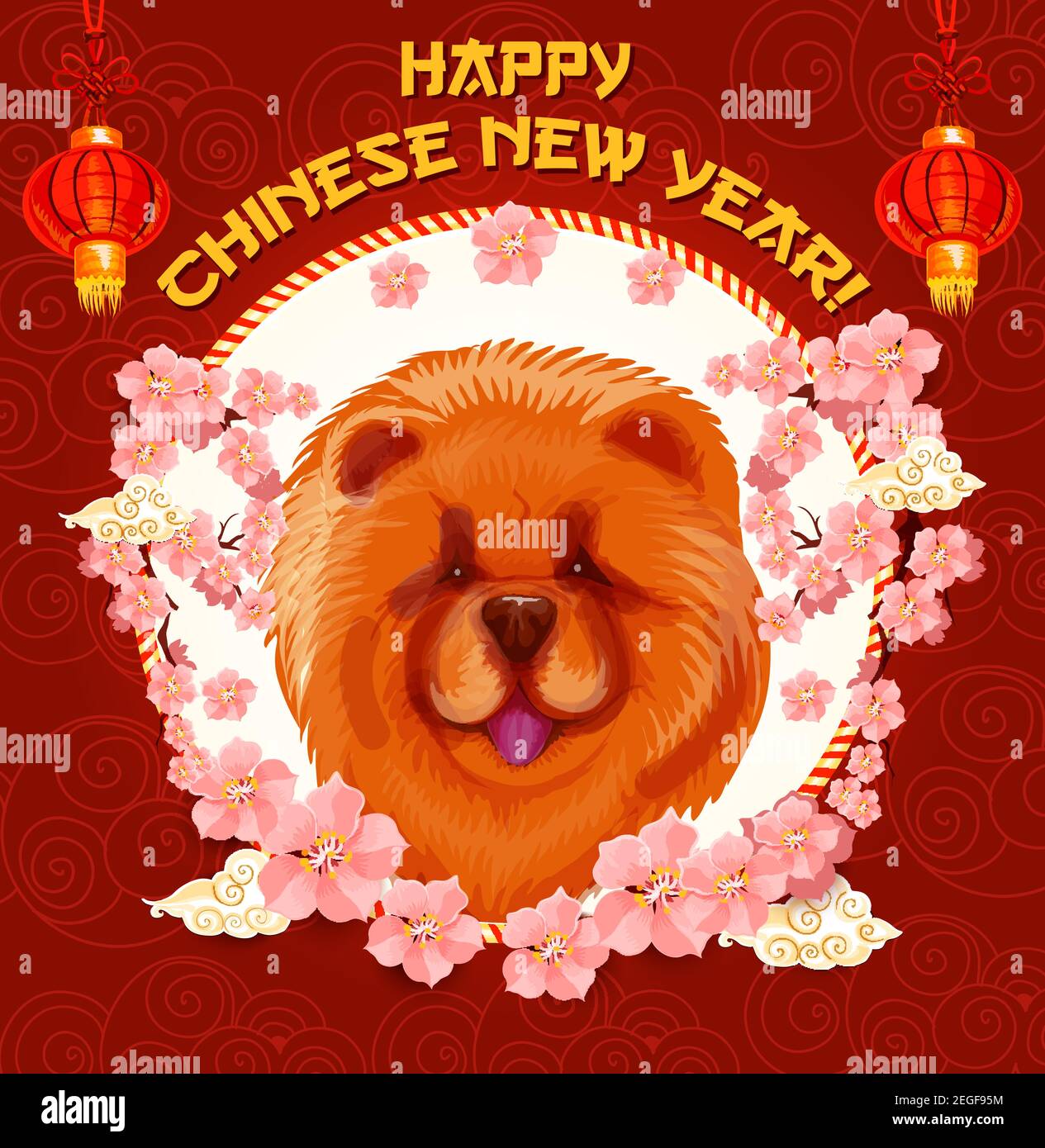 Chinese New Year dog in frame of Spring Festival flower greeting card ...