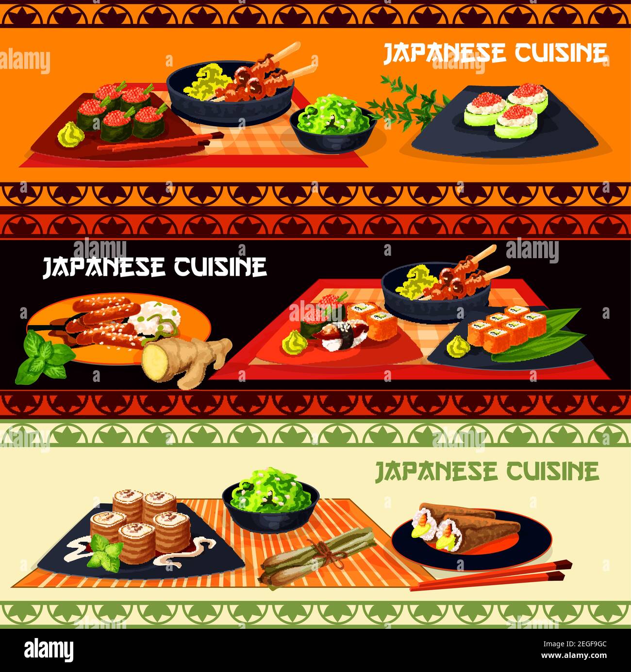 Japanese cuisine restaurant dinner menu banner with seafood and meat ...