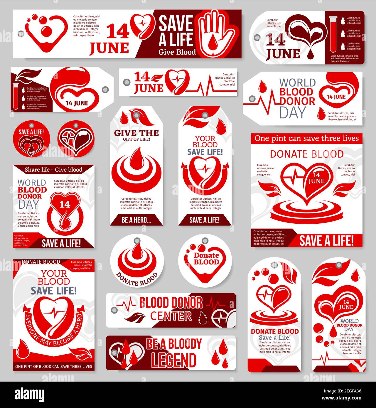 Blood Donor Day tag and label set. Medical banner of blood donation ...