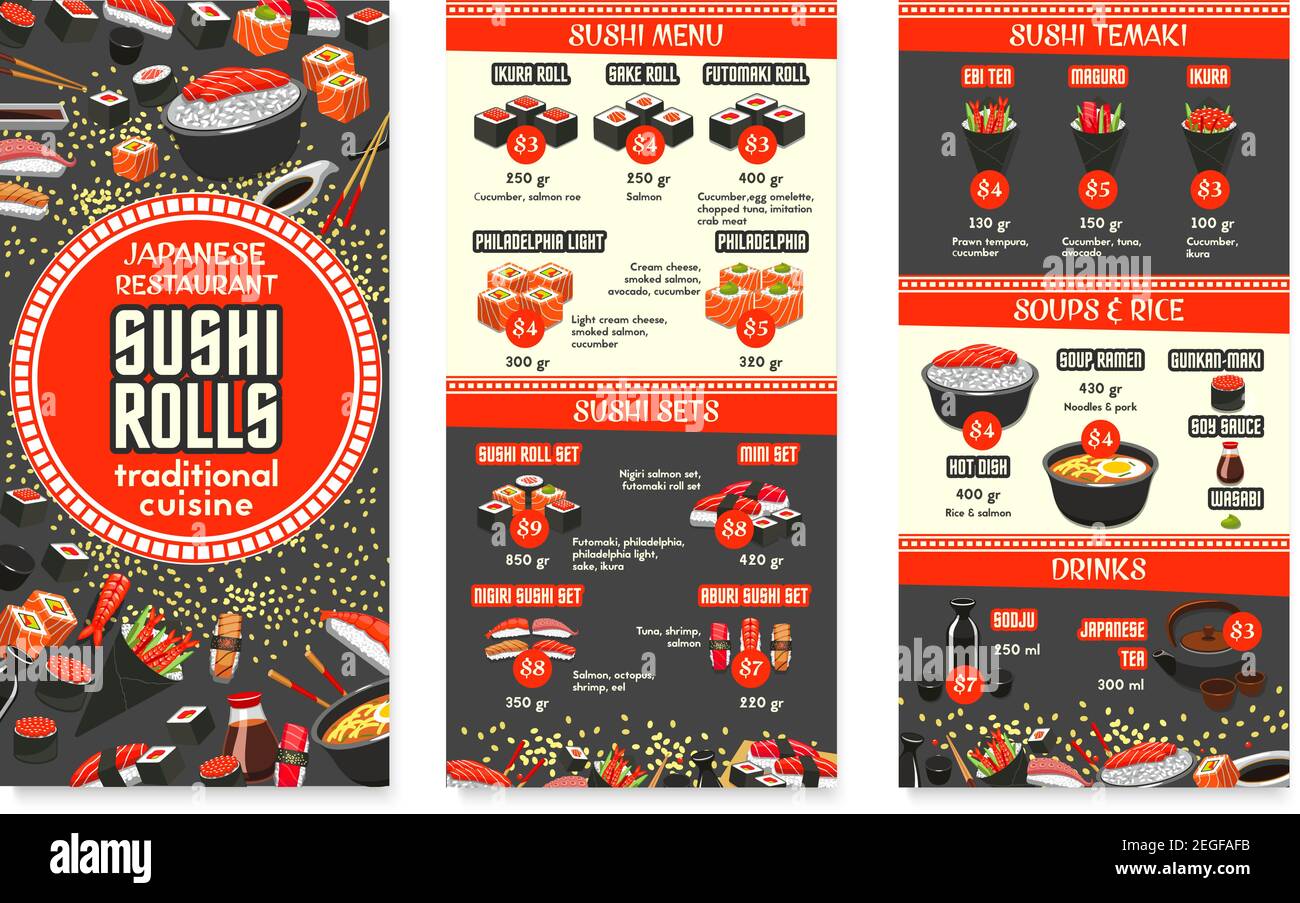 Japanese cuisine restaurant menu template for Asian food cafe. Vector ...