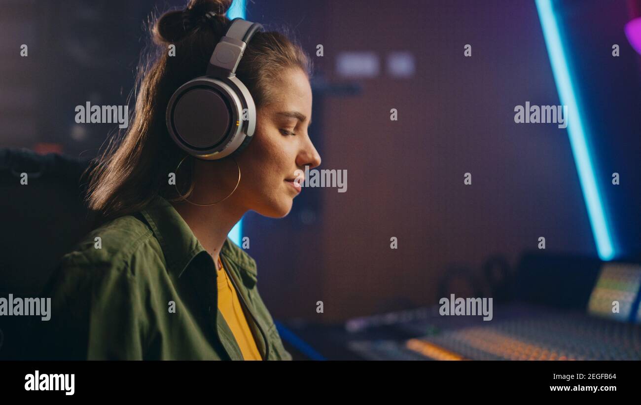 Portrait of Beautiful Female Artist Musician in Music Recording Studio ...
