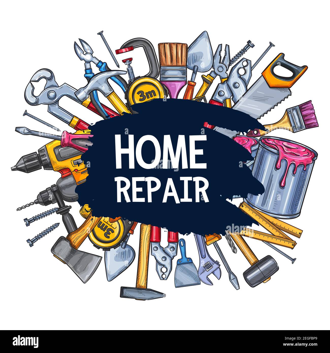 Home repair sketch vector poster for construction materials and tools ...