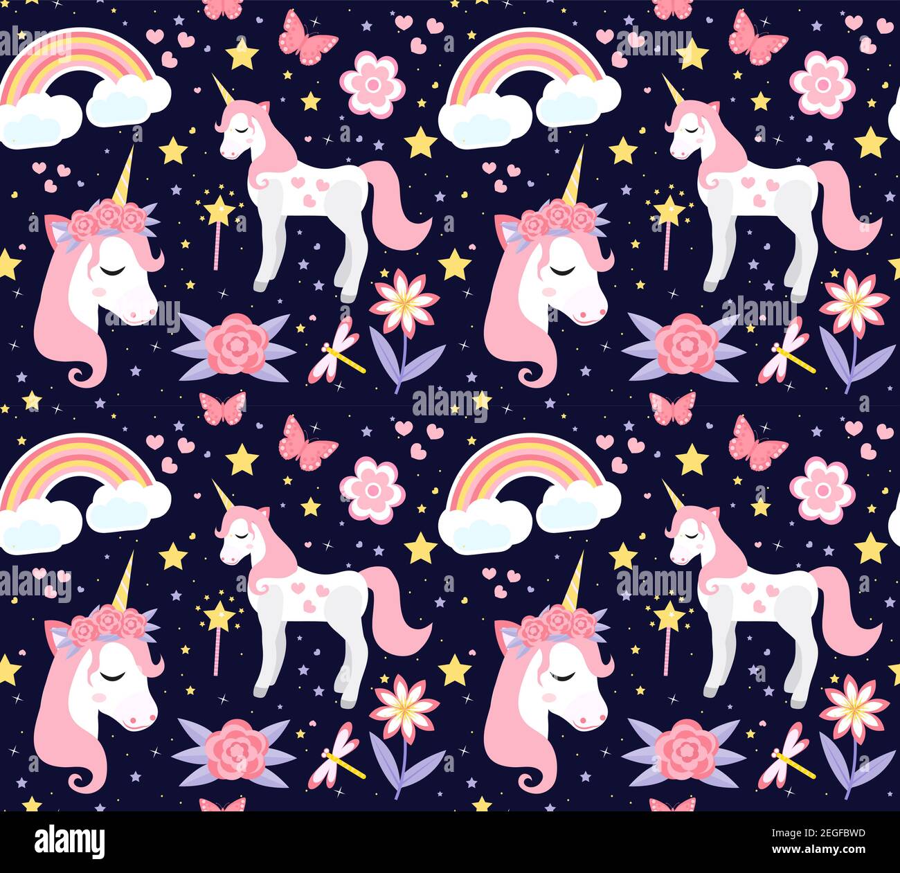 Seamless pattern with cute unicorns, stars, hearts, rainbow, moon, doodle abstractions. Magic ...