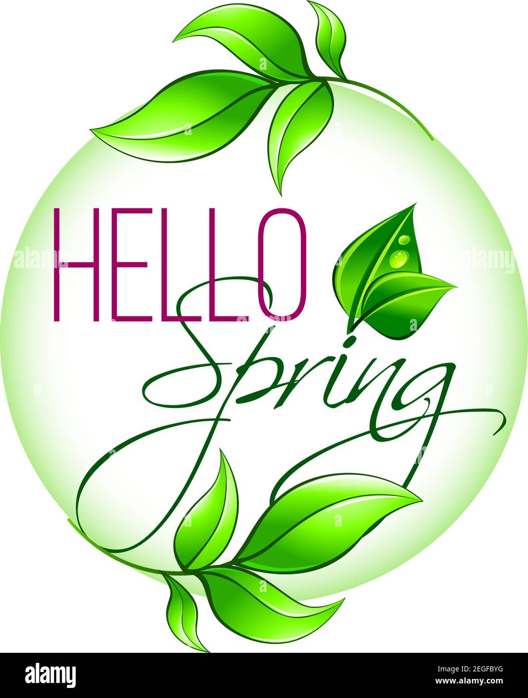 Hello Spring seasonal wish icon of green leaf and growing tree plant ...