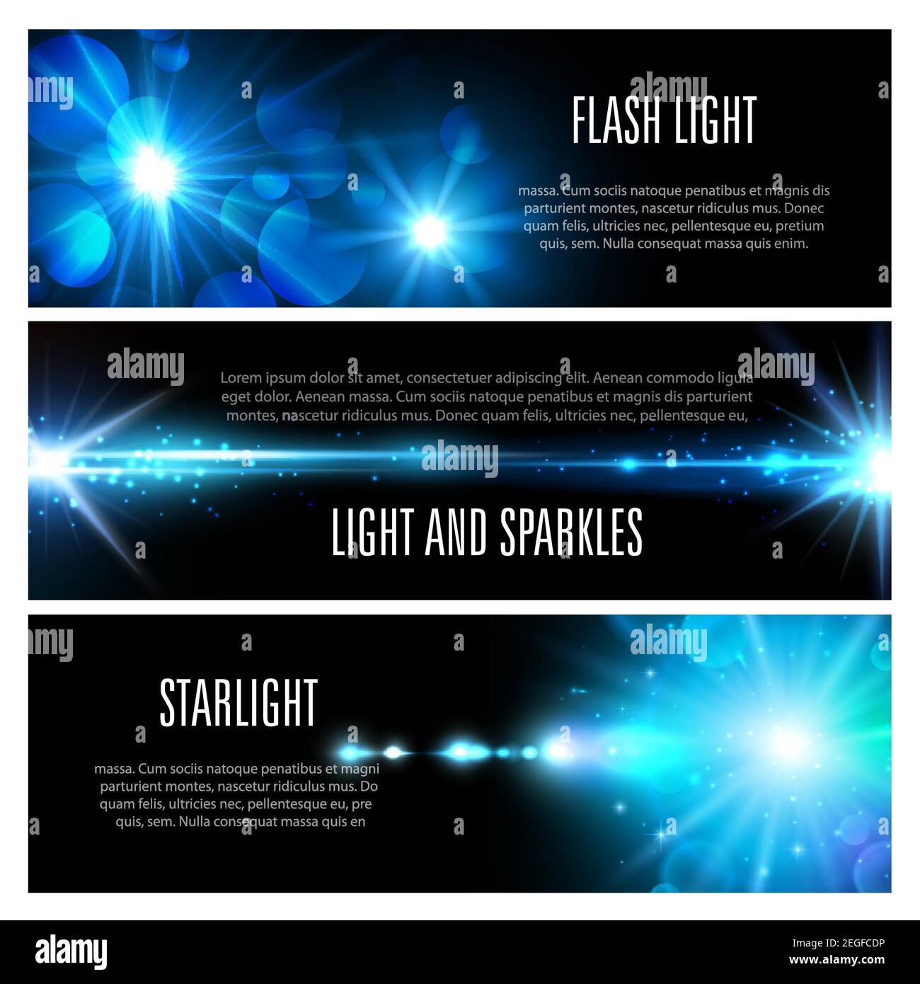 Light effect banner set with blue shine of light flash, glare of sun ...