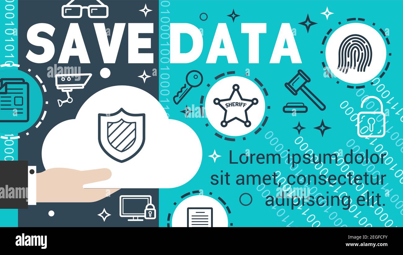 Data security banner for cloud computing technology concept. Cloud with padlock, key and ...