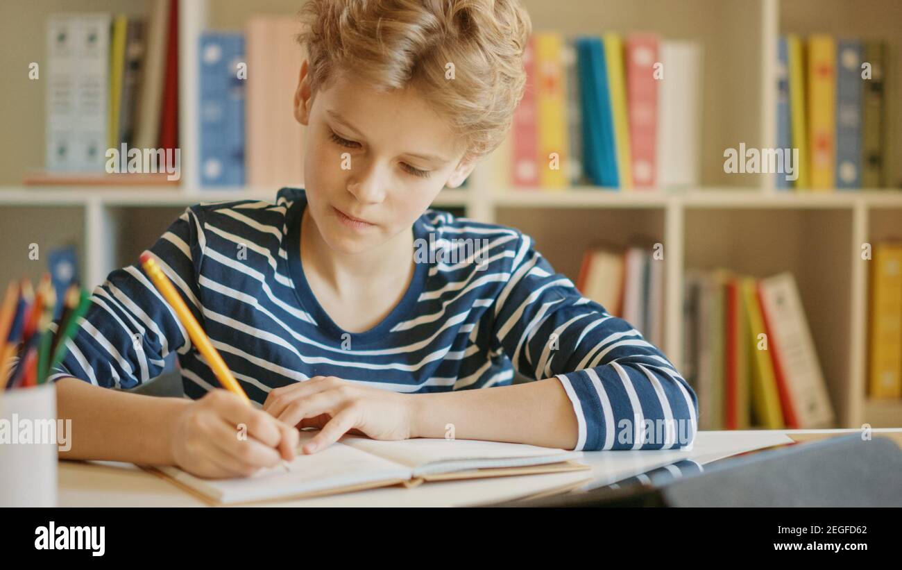 Smart Little Boy Uses Laptop for Learning, Writes Down Useful ...