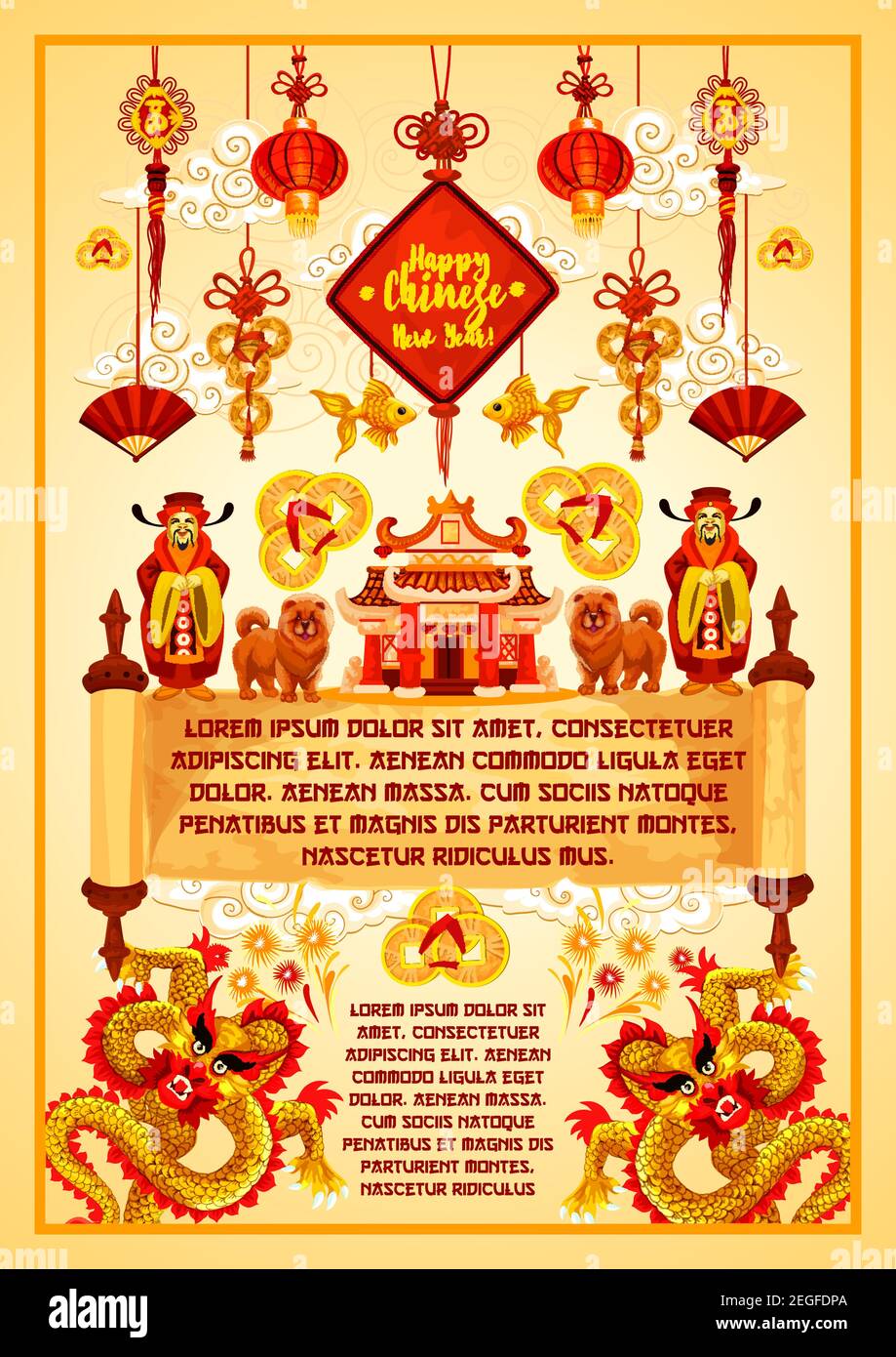 Chinese Lunar New Year festive poster of parchment scroll with greeting ...