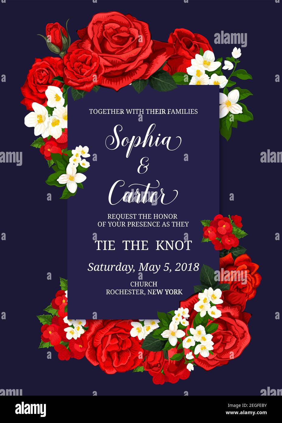 Wedding ceremony invitation card with rose flower decoration. Floral ...