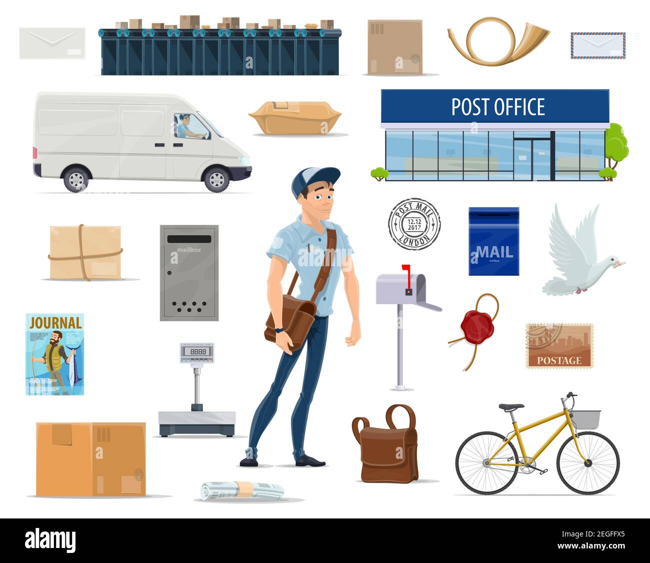 Postal delivery service cartoon set with postman and post icon. Post ...