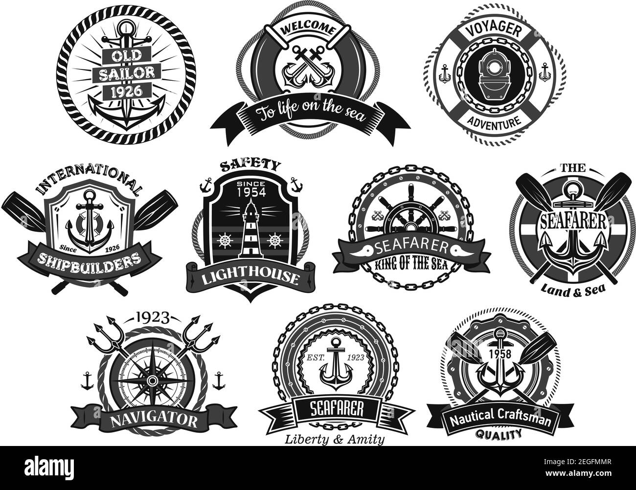 Marine seafarer or sailor vector icons. Heraldic badges set of nautical ...