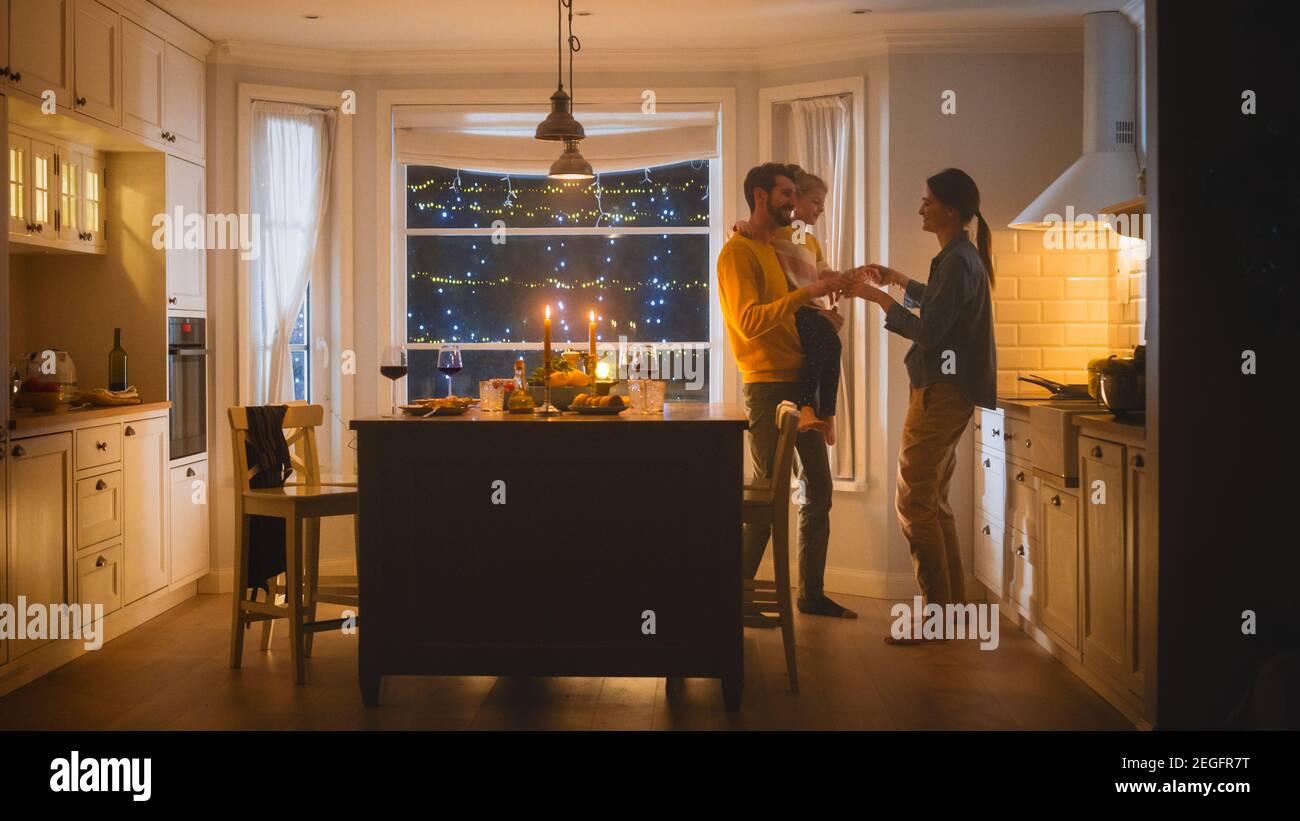 Happy Family of Three Having Great Time after Dinner Dancing Together ...