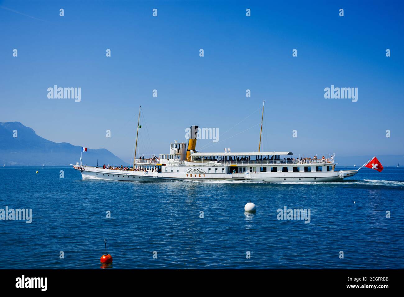 Montreux, Switzerland- August 24, 2019. Cruise with paddle-wheel steam ...