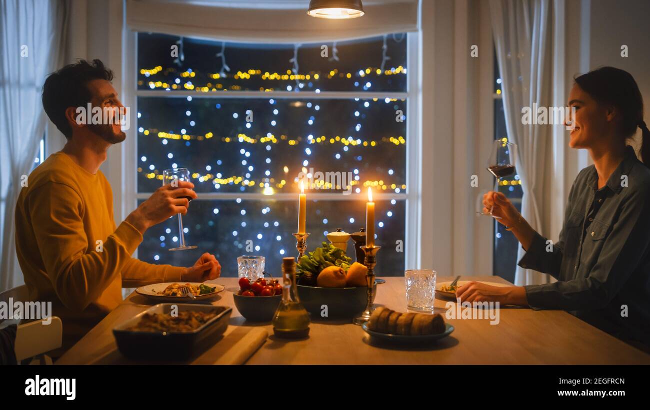 Happy Young Couple in Love Have Romantic Dinner, Eating Tasty Meal in ...