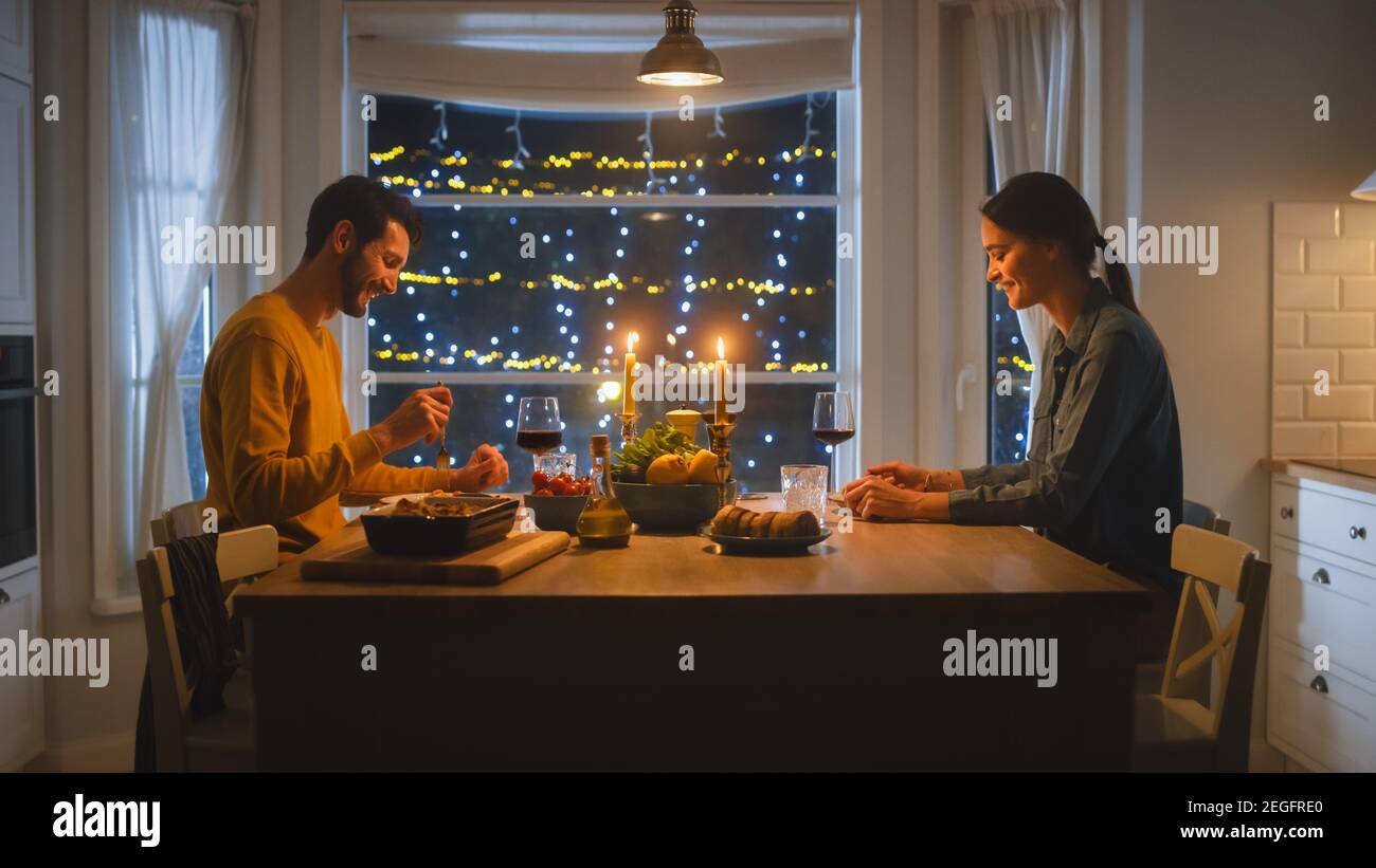 Happy Young Couple in Love Have Romantic Dinner, Eating Tasty Meal in ...