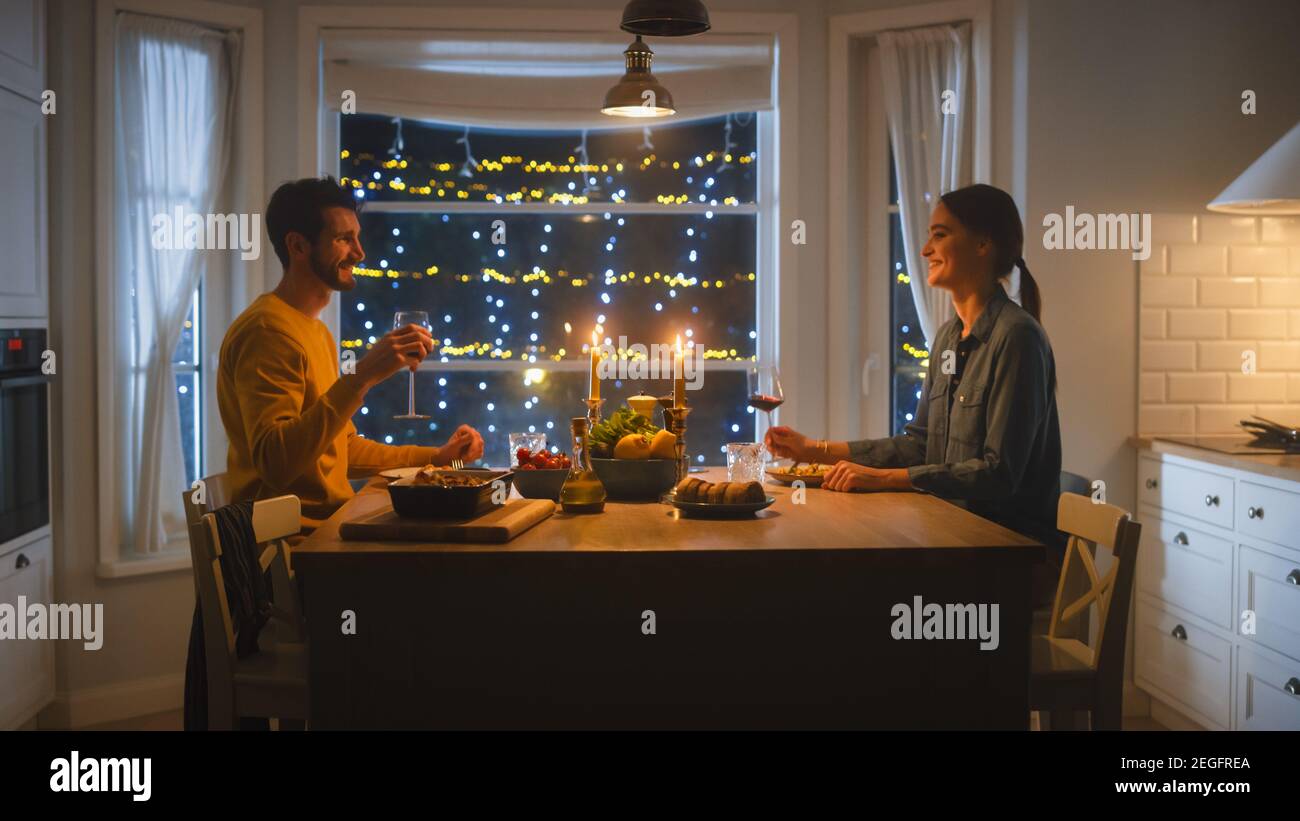 Happy Young Couple in Love Have Romantic Dinner, Eating Tasty Meal in ...