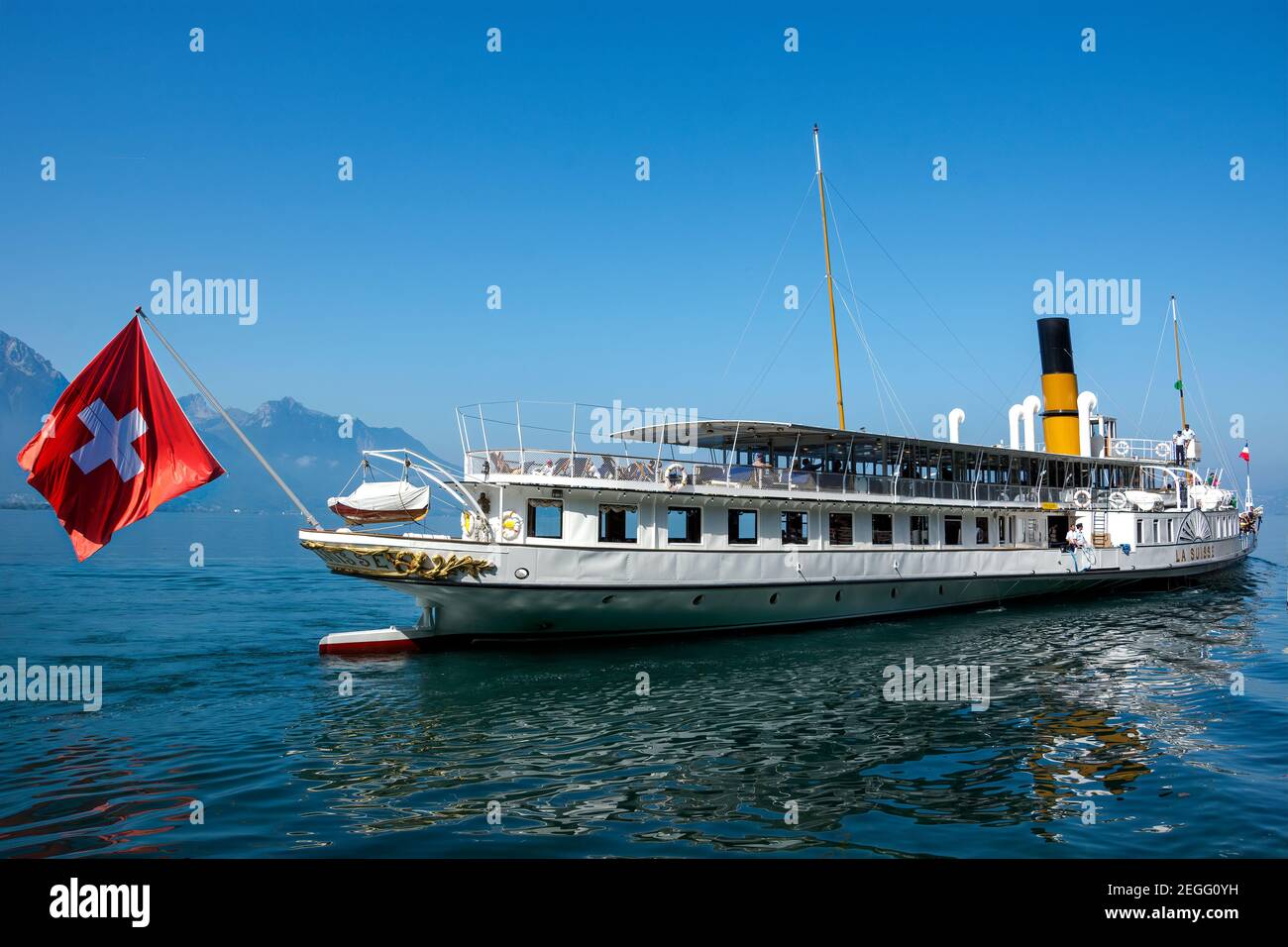 Montreux, Switzerland- August 24, 2019. Cruise with paddle-wheel steam ...