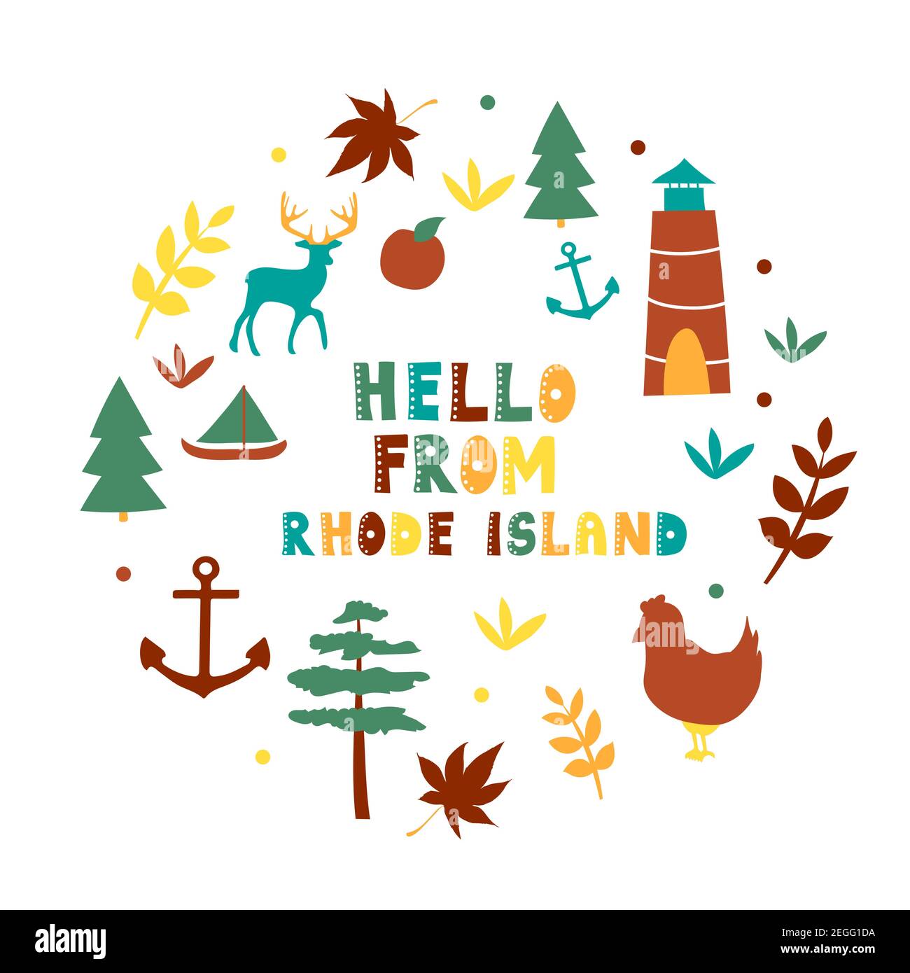 USA collection. Hello from Rhode Island theme. State Symbols round ...