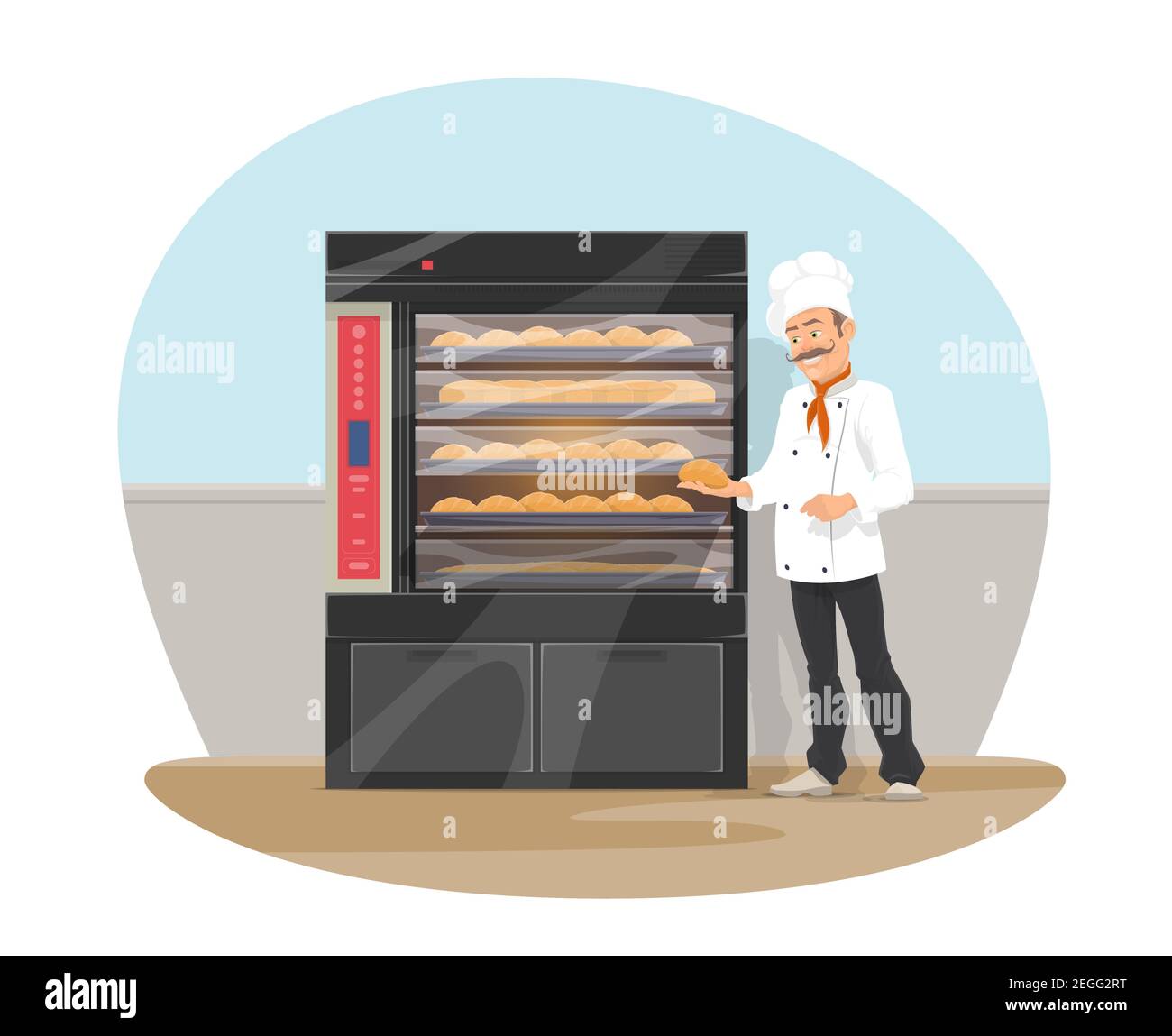 Bakery shop and baker at bread showcase. Vector flat design of ...