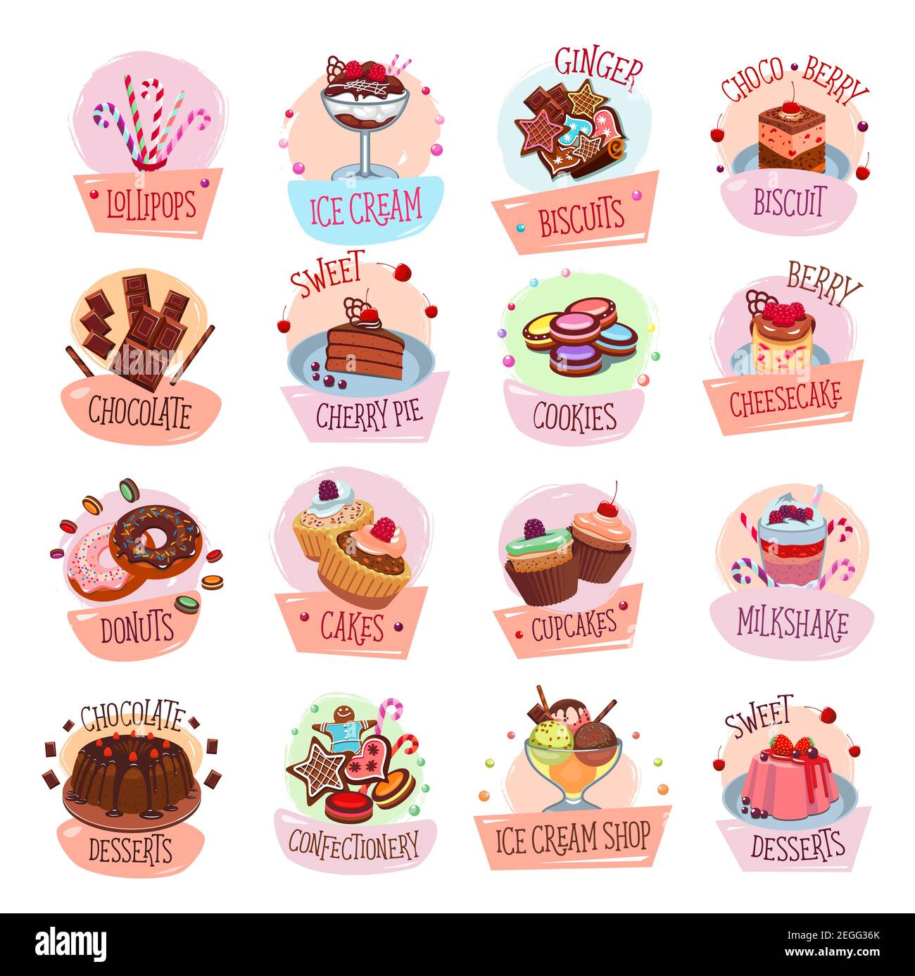 Pastry shop cupcakes and desserts icons for patisserie menu template ...