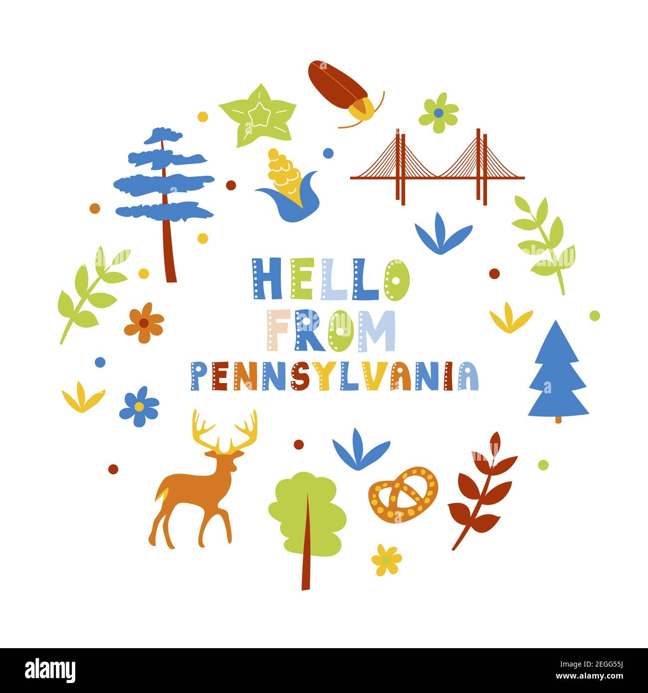 USA collection. Hello from Pennsylvania theme. State Symbols round ...