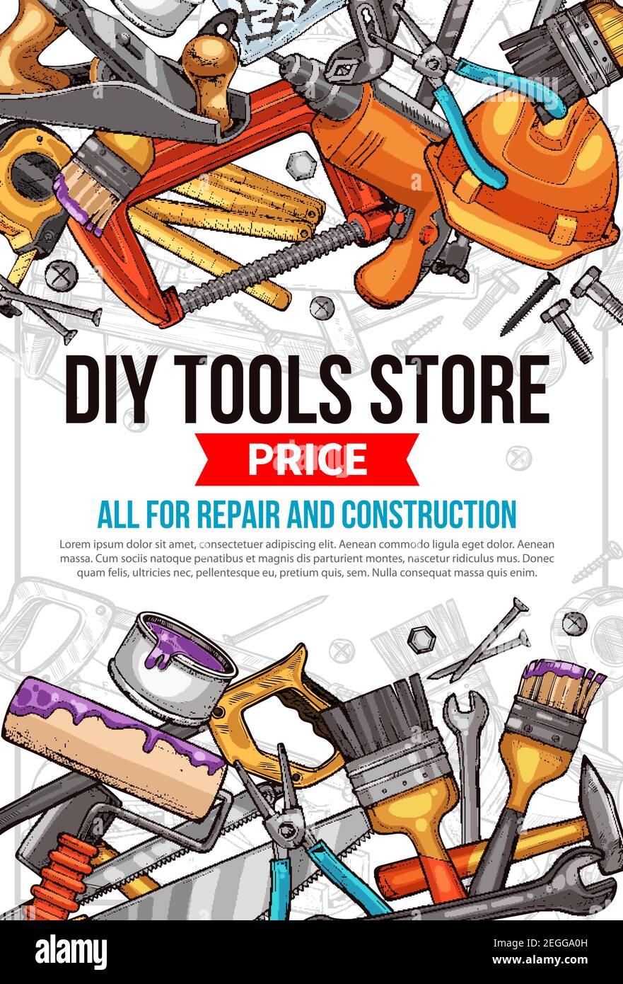 DIY work tools store sketch price poster template. Vector design of ...