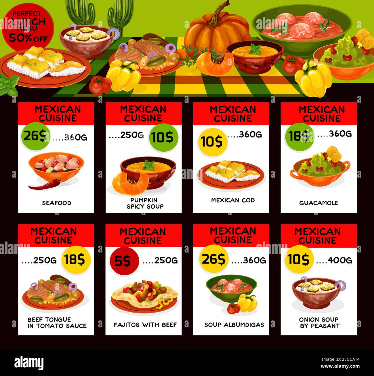Mexican cuisine traditional food menu price cards. Vector lunch offer ...