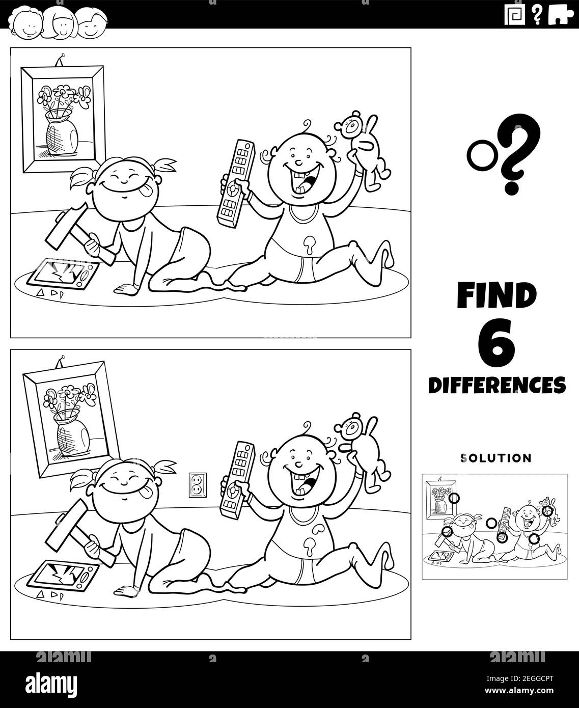 Black and white cartoon illustration of finding the differences between ...