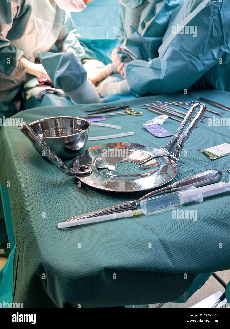 on an operating table are the instruments for performing a leg ...