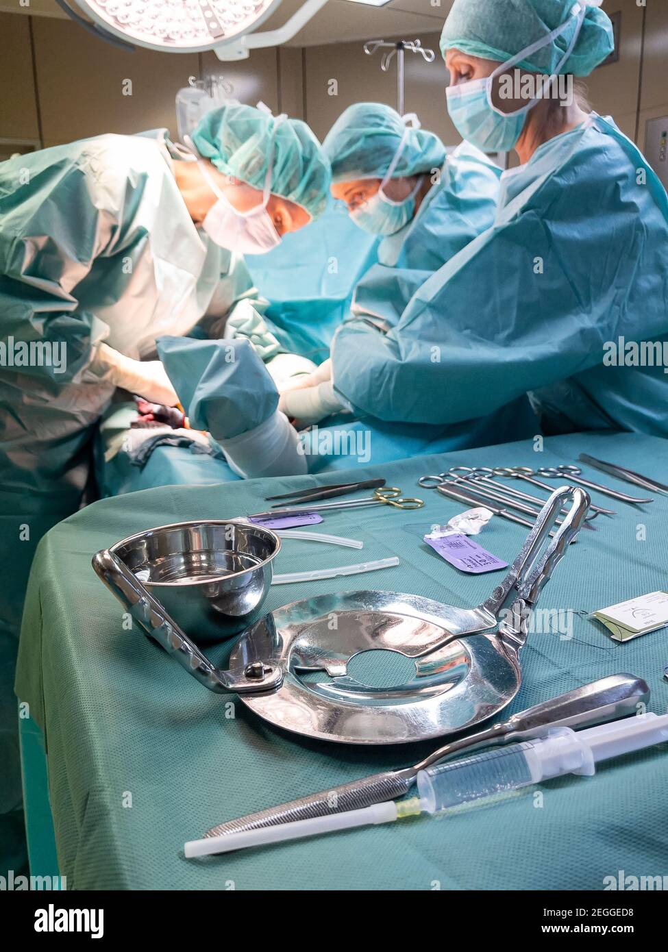 on an operating table are the instruments for performing a leg ...