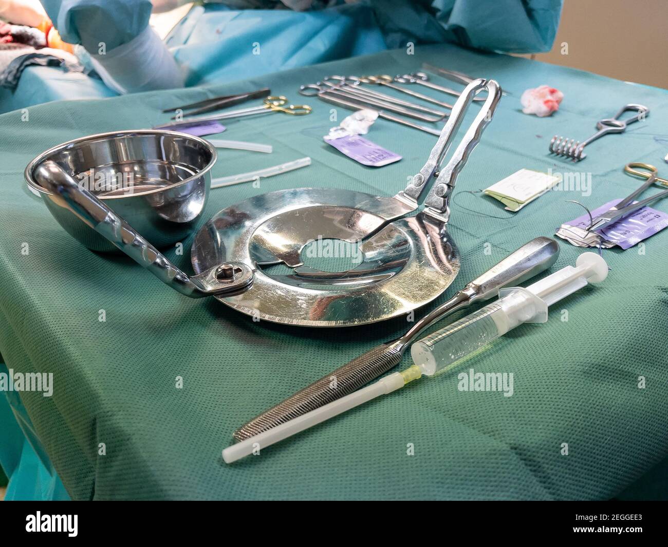 on an operating table are the instruments for performing a leg ...