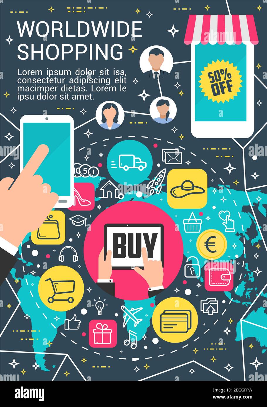 Worldwide online shopping and internet buy poster for web shop or store ...