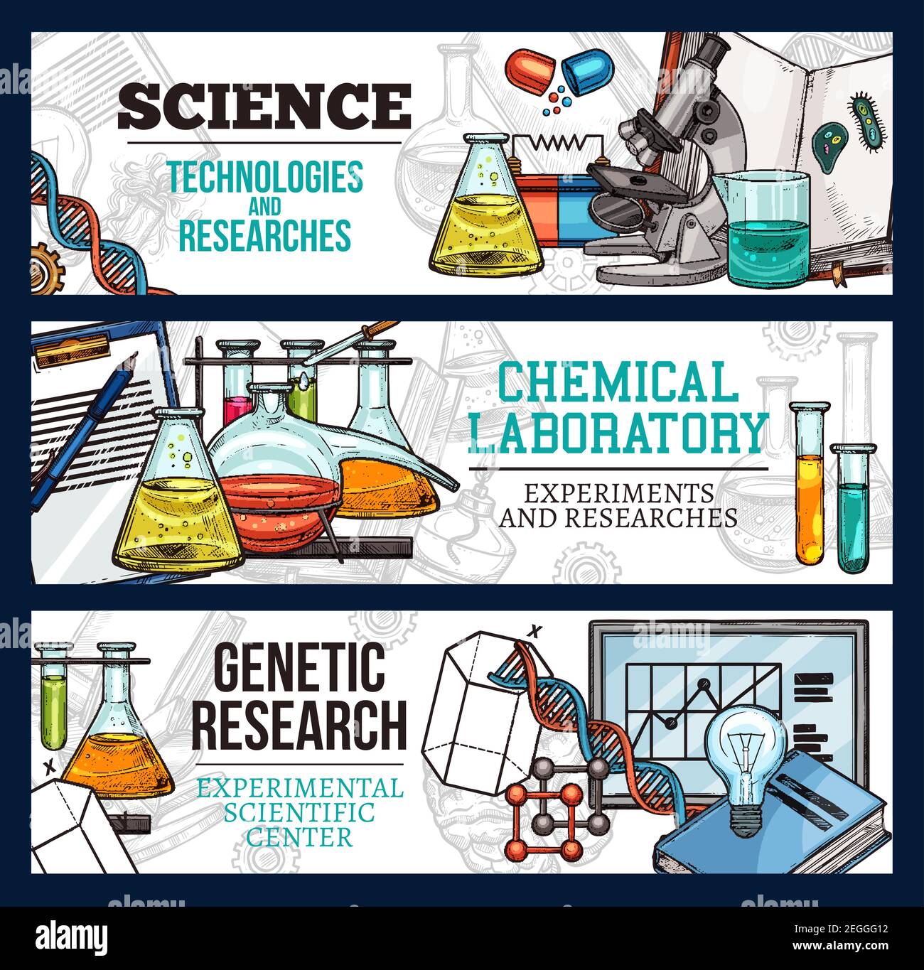 Science technology and scientific research sketch banners. Vector ...