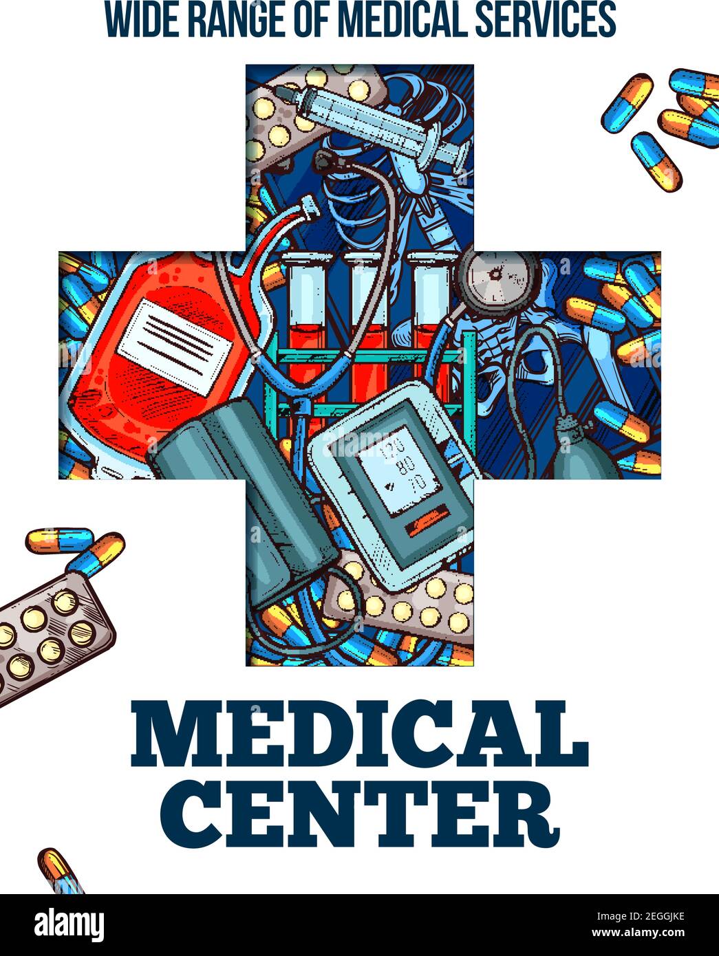 Medicine cross with medical symbol. Stethoscope, pill and syringe ...